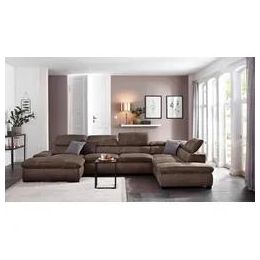 Wohnlandschaft Home Affaire "Alberto U-Form" Sofas Gr. B/H/T: 350cm x 73cm x 228cm, Luxus-Microfaser Vintageoptik, Recamiere links, mit Bettfunktion, braun mit Kopfteilverstellung, wahlweise Bettfunktion