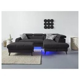 Ecksofa COTTA "Mia L-Form" Sofas Gr. B/H/T: 244cm x 74cm x 193cm, Microfaser, Ottomane rechts, Mit Bettfunktion-mit Bettkasten-mit RGB-LED-Beleuchtung-mit Wireless Charger, schwarz 3-tlg.-Kissen-Set, Ottomane, wahlweise mit oder ohne RGB-Beleuchtung