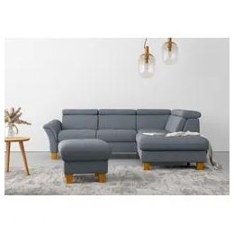 Ecksofa Home Affaire "Lindgren L-Form" Sofas Gr. B/H/T: 249 cm x 84 cm x 217 cm, Chenille, Ottomane rechts, mit Bettfunktion mit einklappbaren Rollen-mit Stauraum-mit Kopfteilverstellung-ohne TV-Funktion motorisch ohne Stauraum-mit Federkern, blau (hellblau) wahlweise mit TV-Funktion, Stauraum und Kopfteilverstellung