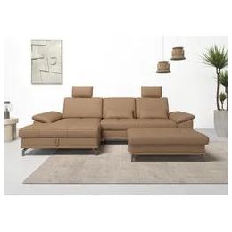 Ecksofa Places of Style "Costello L-Form, mit Sitztiefenverstellung, Armteilverstellung und" Sofas Gr. B/H/T: 301cm x 89cm x 176cm, NaturLEDER, Recamiere links, mit Bettfunktion-mit Bettkasten, braun (cappucino) 3 Nierenkissen, optional Bettfunktion und Bettkasten