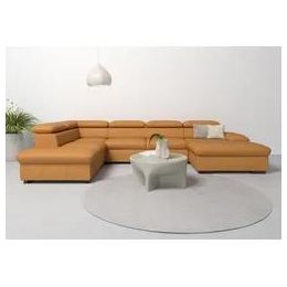 Wohnlandschaft Home Affaire "Alberto U-Form" Sofas Gr. B/H/T: 350cm x 73cm x 228cm, NaturLEDER-Stoff, Recamiere rechts, ohne Bettfunktion, gelb (curry) mit Kopfteilverstellung, wahlweise Bettfunktion