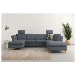 Wohnlandschaft Home Affaire "Trelleborg U-Form" Sofas Gr. B/H/T: 307cm x 86cm x 213cm, Chenille-Optik, Ottomane rechts, mit Bettfunktion-mit Stauraum, blau (blaugrau) Federkern-Polsterung, wahlweise mit Bettfunktion und Stauraum