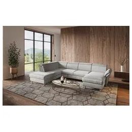 Wohnlandschaft Home Affaire "Calypso U-Form" Sofas Gr. B/H/T: 334 cm x 85 cm x 227 cm, Flachgewebe, Ottomane links, mit Kopfteilverstellung-mit Armteilverstellung-mit Bett-ohne Bettkasten-mit Relax motorisch-mit Stauraum, grau (hellgrau) wahlweise mit motorischer Relaxfunktion