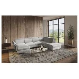 Wohnlandschaft Home Affaire "Calypso U-Form" Sofas Gr. B/H/T: 334 cm x 85 cm x 227 cm, Flachgewebe, Ottomane rechts, mit Kopfteilverstellung-mit Armteilverstellung-mit Bett-ohne Bettkasten-mit Relax motorisch-mit Stauraum, grau (hellgrau) wahlweise mit motorischer Relaxfunktion