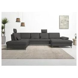 Wohnlandschaft Places of Style "Costello U-Form" Sofas Gr. B/H/T: 363 cm x 89 cm x 223 cm, NaturLEDER, Recamiere rechts, ohne Bettfunktion-ohne Stauraum-Rücken Leder, braun (mokka) incl. Sitztiefenverstellung und Armlehnfunktion, 3 Nierenkissen