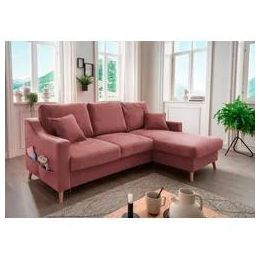 Ecksofa Inosign "Valentina L-Form" Sofas Gr. B/H/T: 228cm x 94cm x 150cm, Struktur, Recamiere rechts-Bettfunktion links, rosa (pastellrosa) 2 Zierkissen, mit Seitentasche, ausziehbarer Liegefläche, Bettkasten