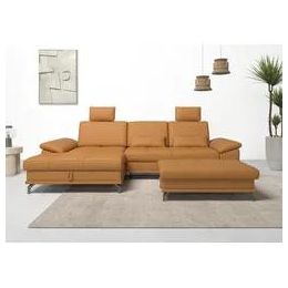 Ecksofa Places of Style "Costello L-Form" Sofas Gr. B/H/T: 301 cm x 89 cm x 176 cm, NaturLEDER, Recamiere links, mit Bettfunktion-mit Bettkasten-Bett mit Leder bezogen, gelb (curry) incl. Sitztiefenverstellung und Armlehnfunktion, 3 Nierenkissen