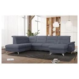 Sit & More Wohnlandschaft SIT & MORE "Astoria U-Form" Sofas Gr. B/H/T: 327cm x 91cm x 225cm, Flachgewebe, Ottomane links, mit Kopfteilverstellung-mit Armlehnfunktion-mit Relaxfunktion motorisch im Longchair-mit Bettfunktion-mit Stauraum, grau (grau, blau) wahlweise mit motorischer Relaxfunktion