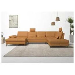 Wohnlandschaft Places of Style "Costello U-Form" Sofas Gr. B/H/T: 363 cm x 89 cm x 223 cm, Material, Recamiere links, mit Bettfunktion-mit Stauraum-Bett im Stoff bezogen, gelb (curry) incl. Sitztiefenverstellung und Armlehnfunktion, 3 Nierenkissen