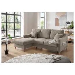 Ecksofa Inosign "Valentina L-Form" Sofas Gr. B/H/T: 228cm x 94cm x 150cm, Cord, Recamiere links-Bettfunktion rechts, grau (grau-braun) 2 Zierkissen, mit Seitentasche, ausziehbarer Liegefläche, Bettkasten