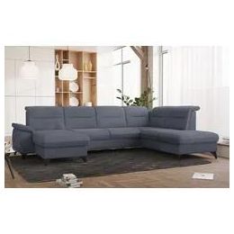 Sit & More Wohnlandschaft SIT & MORE "Astoria U-Form" Sofas Gr. B/H/T: 329cm x 91cm x 225cm, Flachgewebe, Ottomane rechts, mit Kopfteilverstellung-mit Armlehnfunktion-mit Relaxfunktion motorisch im Longchair-mit Bettfunktion-mit Stauraum, grau (grau, blau) wahlweise mit motorischer Relaxfunktion