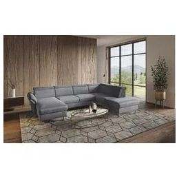 Wohnlandschaft Home Affaire "Calypso U-Form" Sofas Gr. B/H/T: 334 cm x 85 cm x 227 cm, Flachgewebe, Ottomane rechts, mit Kopfteilverstellung-mit Armteilverstellung-mit Bett-ohne Bettkasten-mit Relax motorisch-mit Stauraum, grau (anthrazit) wahlweise mit motorischer Relaxfunktion