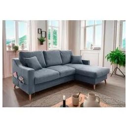 Ecksofa Inosign "Valentina L-Form" Sofas Gr. B/H/T: 228cm x 94cm x 150cm, Struktur, Recamiere rechts-Bettfunktion links, blau 2 Zierkissen, mit Seitentasche, ausziehbarer Liegefläche, Bettkasten