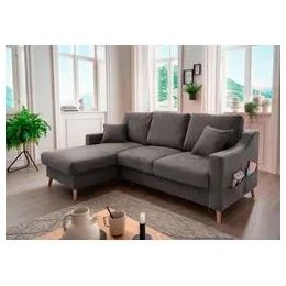 Ecksofa Inosign "Valentina L-Form" Sofas Gr. B/H/T: 228cm x 94cm x 150cm, Struktur, Recamiere links-Bettfunktion rechts, grau (anthrazit) 2 Zierkissen, mit Seitentasche, ausziehbarer Liegefläche, Bettkasten