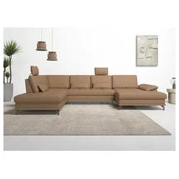 Wohnlandschaft Places of Style "Costello U-Form" Sofas Gr. B/H/T: 363 cm x 89 cm x 223 cm, NaturLEDER, Recamiere rechts, ohne Bettfunktion-ohne Stauraum-Rücken Leder, braun (cappucino) incl. Sitztiefenverstellung und Armlehnfunktion, 3 Nierenkissen