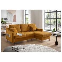 Ecksofa Inosign "Valentina L-Form" Sofas Gr. B/H/T: 228cm x 94cm x 150cm, Cord, Recamiere rechts-Bettfunktion links, goldfarben (gold) 2 Zierkissen, mit Seitentasche, ausziehbarer Liegefläche, Bettkasten