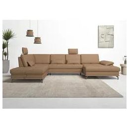 Wohnlandschaft Places of Style "Costello U-Form" Sofas Gr. B/H/T: 363 cm x 89 cm x 223 cm, NaturLEDER, Recamiere rechts, mit Bettfunktion-mit Stauraum-Bett mit Leder bezogen, braun (cappucino) incl. Sitztiefenverstellung und Armlehnfunktion, 3 Nierenkissen