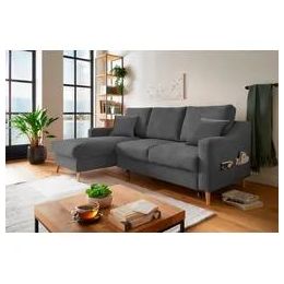 Ecksofa Inosign "Valentina L-Form", grau (anthrazit), B:228cm H:94cm T:150cm, 92% Polyester, 8% Nylon, Sofas, 2 Zierkissen, mit Seitentasche, ausziehbarer Liegefläche, Bettkasten