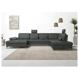 Wohnlandschaft Places of Style "Costello U-Form" Sofas Gr. B/H/T: 363 cm x 89 cm x 223 cm, NaturLEDER, Recamiere links, mit Bettfunktion-mit Stauraum-Bett mit Leder bezogen, grau (anthrazit) incl. Sitztiefenverstellung und Armlehnfunktion, 3 Nierenkissen