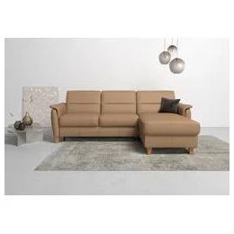 Ecksofa Home Affaire "Palmera L-Form" Sofas Gr. B/H/T: 244 cm x 89 cm x 163 cm, NaturLEDER, Recamiere rechts, mit Bettfunktion-mit Bettkasten-Bett im Stoff bezogen, braun (cappuccino) Federkern, wahlweise mit Bettfunktion und mitohne Bettkasten