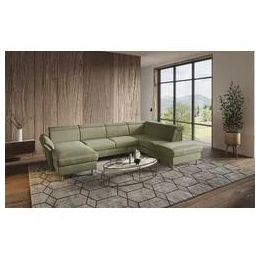 Wohnlandschaft Home Affaire "Calypso U-Form" Sofas Gr. B/H/T: 334 cm x 85 cm x 227 cm, Flachgewebe, Ottomane rechts, mit Kopfteilverstellung-mit Armteilverstellung-mit Bett-ohne Bettkasten-mit Relax motorisch-mit Stauraum, grün wahlweise mit motorischer Relaxfunktion