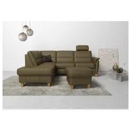 Ecksofa Home Affaire "Palmera L-Form" Sofas Gr. B/H/T: 236cm x 89cm x 212cm, NaturLEDER, Ottomane links, mit Bettfunktion-mit Bettkasten, grün (olive) Federkern, wahlweise mit Bettfunktion und mitohne Stauraum