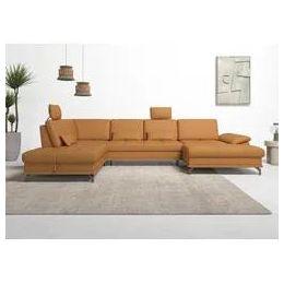 Wohnlandschaft Places of Style "Costello U-Form" Sofas Gr. B/H/T: 363 cm x 89 cm x 223 cm, Material, Recamiere rechts, mit Bettfunktion-mit Stauraum-Bett im Stoff bezogen, gelb (curry) incl. Sitztiefenverstellung und Armlehnfunktion, 3 Nierenkissen