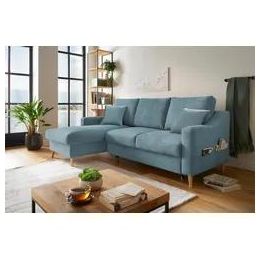 Ecksofa Inosign "Valentina L-Form" Sofas Gr. B/H/T: 228cm x 94cm x 150cm, Luxus-Microfaser, Recamiere links-Bettfunktion rechts, blau (denim) 2 Zierkissen, mit Seitentasche, ausziehbarer Liegefläche, Bettkasten