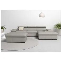 Ecksofa Home Affaire "Alberto L-Form" Sofas Gr. B/H/T: 286cm x 73cm x 174cm, NaturLEDER-NaturLEDER, Recamiere rechts, ohne Bettfunktion-Rücken mit Leder bezogen, grau (hellgrau) wahlweise mit Bettfunktion, inkl. Kopfteilverstellung, Recamiere