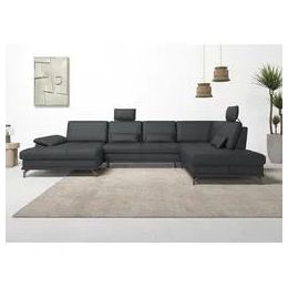 Wohnlandschaft Places of Style "Costello U-Form" Sofas Gr. B/H/T: 363 cm x 89 cm x 223 cm, NaturLEDER, Recamiere links, mit Bettfunktion-mit Stauraum-Bett mit Leder bezogen, schwarz incl. Sitztiefenverstellung und Armlehnfunktion, 3 Nierenkissen