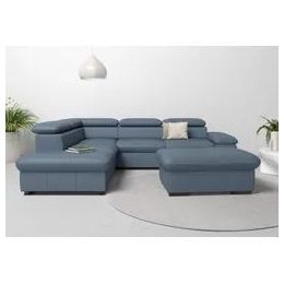 Ecksofa Home Affaire "Alberto L-Form" Sofas Gr. B/H/T: 272cm x 73cm x 226cm, Material, Ottomane links, mit Bettfunktion-Bett mit Stoff bezogen, blau (graublau) mit Ottomane, inkl. Kopfteilverstellung, wahlweise Bettfunktion