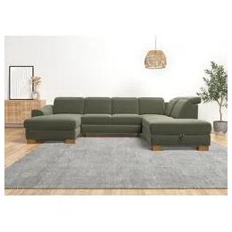 Wohnlandschaft Home Affaire "Dundee U-Form" Sofas Gr. B/H/T: 338cm x 86cm x 219cm, Flachgewebe, Ottomane rechts, mit Bettfunktion-mit Stauraum-mit Kopfteilverstellung-mit Relax in der Recamiere, grün wahlweise mit Kopfteilverstellung und zusätzlich Bettfunktion