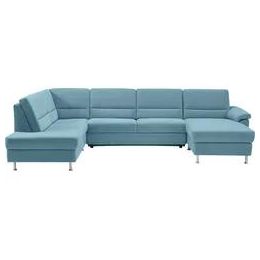 Wohnlandschaft CALIZZA INTERIORS "Onyx U-Form" Sofas Gr. B/H/T: 335cm x 90cm x 196cm, Samtoptik, Recamiere rechts, mit Bettfunktion und Bettkasten, blau (1013 aqua) wahlweise mit Bettfunktion und Bettkasten