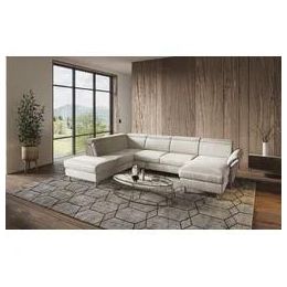 Wohnlandschaft Home Affaire "Calypso U-Form" Sofas Gr. B/H/T: 334 cm x 85 cm x 227 cm, Flachgewebe, Ottomane links, mit Kopfteilverstellung-mit Armteilverstellung-mit Bett-ohne Bettkasten-mit Relax motorisch-mit Stauraum, beige (nature) wahlweise mit motorischer Relaxfunktion