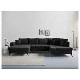 Wohnlandschaft Inosign "Lörby U-Form" Sofas Gr. B/H/T: 339 cm x 90 cm x 190 cm, Struktur weich, Ottomane rechts, Struktur weich, schwarz auch mit Aqua clean-Bezug, feine Steppung im Sitzbereich, lose Kissen