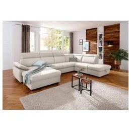 Wohnlandschaft Home Affaire "Mauritius U-Form" Sofas Gr. B/T: 354cm x 232cm, Struktur fein, Ottomane rechts, ohne Bettfunktion-ohne Bettkasten, beige (natur) mit Kopfteil- und Armlehnverstellung, wahlweise Bettfunktion