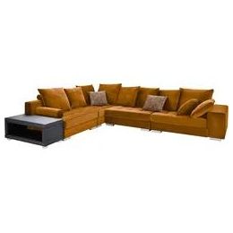 Ecksofa Inosign "Vale L-Form" Sofas Gr. B/H/T: 355cm x 88cm x 240cm, Samtvelours, mit Tisch, goldfarben incl. Couchtisch, Steppung im Sitzbereich, Federkern