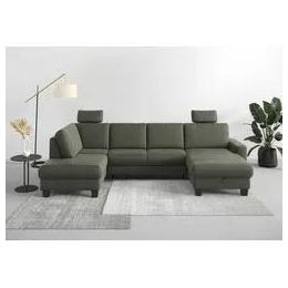 Wohnlandschaft Home Affaire "Summer U-Form" Sofas Gr. B/H/T: 314 cm x 91 cm x 170 cm, Feincord, Recamiere rechts, mit Bettfunktion-mit Bettkasten-ohne Federkern, grün (olive) mit oder ohne Bettfunktion und Bettkasten, wengefarbene Holzfüße