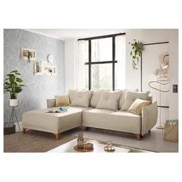 Stella Trading Ecksofa ED EXCITING DESIGN "Pamplona L-Form" Sofas Gr. B/H/T: 255cm x 91cm x 185cm, Webstoff, Recamiere beidseitig montierbar, beige (beige/denver 02 beige/zierkissen lapit 29 beige) mit Bettfunktion, Bettkasten, Rücken- und Zierkissen, frei im Raum