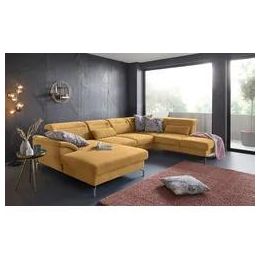 Sit & More Wohnlandschaft SIT & MORE "Percy U-Form" Sofas Gr. B/H/T: 343cm x 80cm x 235cm, Luxus-Microfaser Paris, Recamiere links, mit satiniertem Nickelfuß, gelb (mustard) 15 cm Fußhöhe, Sitztiefenverstellung, wahlweise in 2 Fußfarben