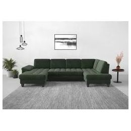 Sit & More Wohnlandschaft SIT&MORE "Westham U-Form" Sofas Gr. B/H/T: 338 cm x 88 cm x 172 cm, Struktur weich, Ottomane rechts, mit Federkern-mit Bettfunktion-mit Armteilverstellung-mit Sitztiefenverstellung-mit Bettkasten, grün (jungle) wahlweise mit Bettfunktion, Bettkasten, Sitztiefenverstellung