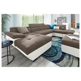 Wohnlandschaft COTTA "Speedway U-Form" Sofas Gr. B/H/T: 332cm x 79cm x 102cm, Flachgewebe-Struktur, Recamiere links, ohne Bettfunktion-ohne Bettkasten-mit Kopfteilverstellung, beige (natur, braun) wahlweise mit Bettfunktion und Bettkasten