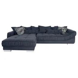 Ecksofa Inosign "Diwan L-Form" Sofas Gr. B/H/T: 333cm x 90cm x 202cm, Struktur fein, Recamiere links, blau (marine) mit vielen losen Kissen, Faltenwurf und Steppung im Sitzbereich