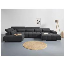 Wohnlandschaft COTTA "Orion U-Form" Sofas Gr. B/H/T: 409 cm x 73 cm x 225 cm, Microfaser, Ottomane links-Recamiere rechts, schwarz (black) inkl. Kopfteilverstellung und Zierkissen