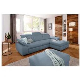 Ecksofa Home Affaire "Mauritius L-Form" Sofas Gr. B/T: 287cm x 178cm, Soft clean, Recamiere rechts, ohne Bettfunktion-ohne Bettkasten, blau (hellblau) mit Kopfteil- und Armlehnverstellung, Bettfunktion Bettkasten