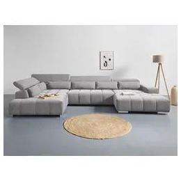 Wohnlandschaft COTTA "Orion U-Form" Sofas Gr. B/H/T: 409 cm x 73 cm x 225 cm, Chenille, Ottomane links-Recamiere rechts, grau (grey) inkl. Kopfteilverstellung und Zierkissen