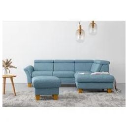 Ecksofa Home Affaire "Lindgren L-Form" Sofas Gr. B/H/T: 249 cm x 84 cm x 217 cm, Struktur, Ottomane rechts, mit Bettfunktion mit einklappbaren Rollen-mit Stauraum-mit Kopfteilverstellung-ohne TV-Funktion motorisch ohne Stauraum-mit Federkern, blau (eisblau) wahlweise mit TV-Funktion, Stauraum und Kopfteilverstellung