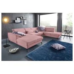 Sit & More Wohnlandschaft SIT & MORE "Percy U-Form" Sofas Gr. B/H/T: 343cm x 80cm x 235cm, Feinstruktur, Recamiere links, mit schwarzem Nickelfuß, rosa (altrosa) 15 cm Fußhöhe, Sitztiefenverstellung, wahlweise in 2 Fußfarben