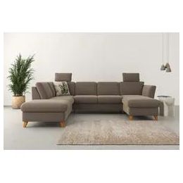 Wohnlandschaft Home Affaire "Trelleborg U-Form" Sofas Gr. B/H/T: 307cm x 86cm x 213cm, Struktur fein, Ottomane links, ohne Bettfunktion-ohne Stauraum, beige (dunkelbeige) Federkern-Polsterung, wahlweise mit Bettfunktion und Stauraum