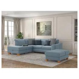 Sit & More Ecksofa SIT & MORE "Dundee L-Form" Sofas Gr. B/H/T: 263cm x 86cm x 219cm, Struktur weich, Ottomane links, mit Kopfteilverstellung-mit Bettfunktion-mit Stauraum, blau (hellblau) mit Federkern und Massivholzfüßen, wahlweise Kopfteilverstellung